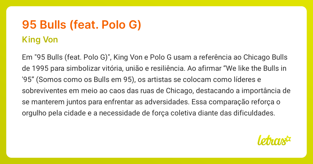 Significado da música 95 BULLS (FEAT. POLO G) (King Von) - LETRAS.MUS.BR