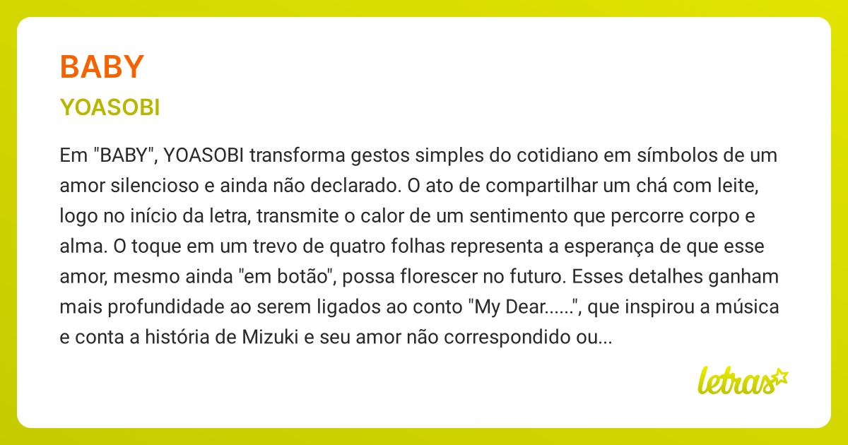 Significado da música BABY (YOASOBI) - LETRAS.MUS.BR