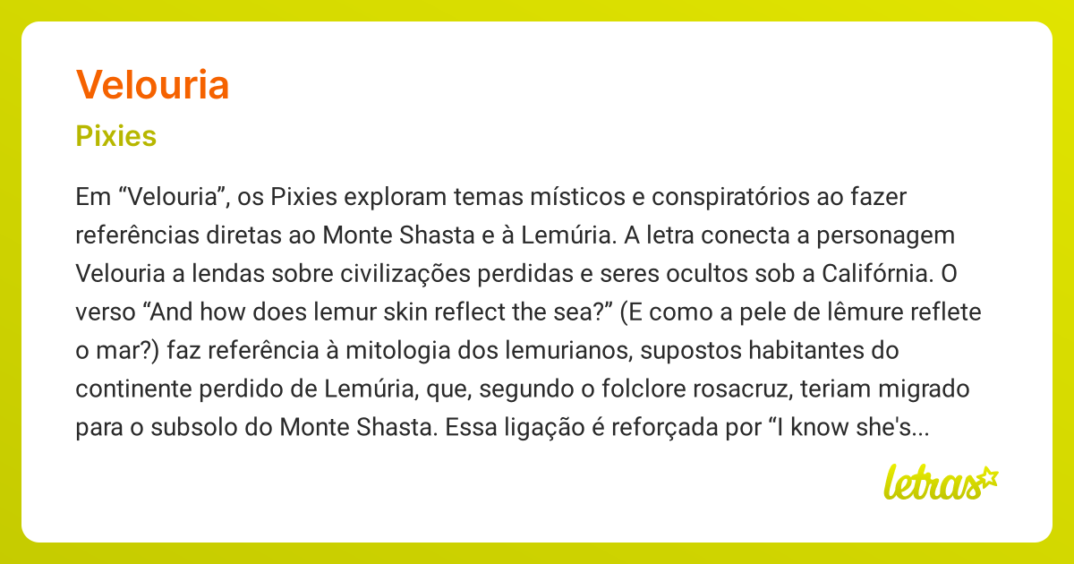Significado da música VELOURIA (Pixies) - LETRAS.MUS.BR