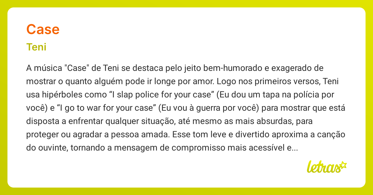 Significado da música CASE (Teni) - LETRAS.MUS.BR