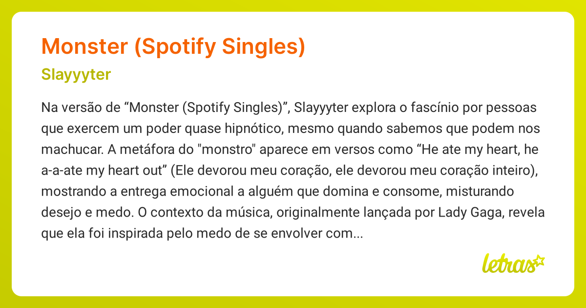 Significado da música MONSTER (SPOTIFY SINGLES) (Slayyyter) - LETRAS.MUS.BR