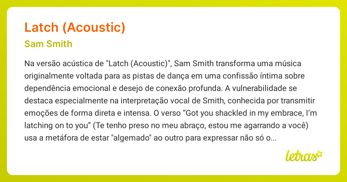 Significado da música LATCH (ACOUSTIC) (Sam Smith) - LETRAS.MUS.BR