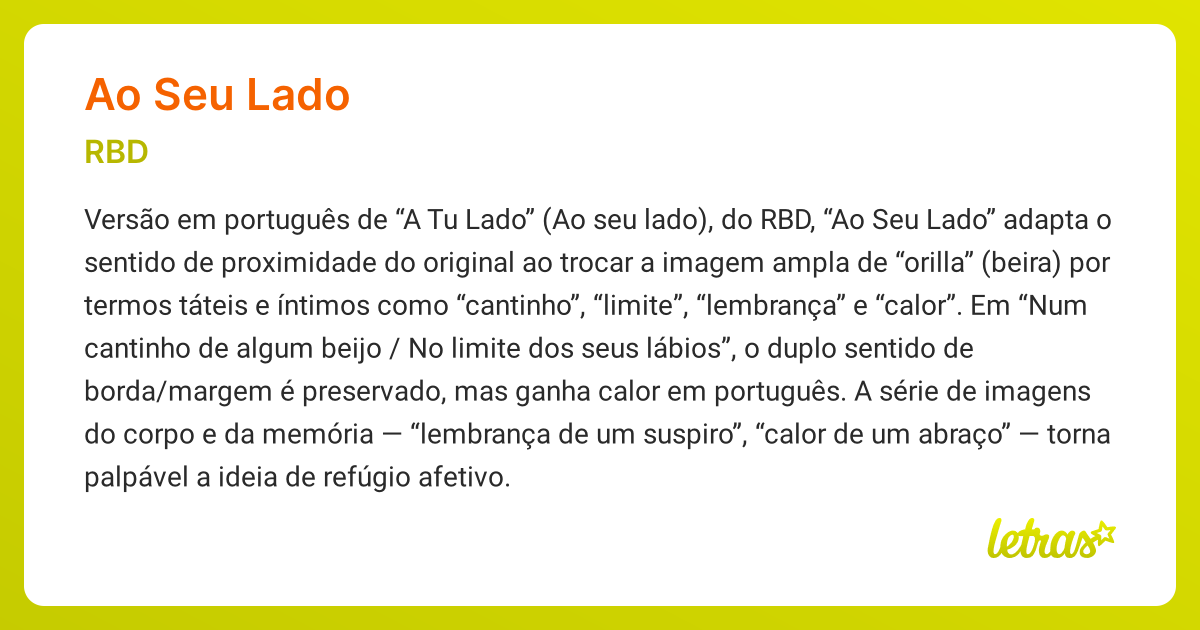 Significado da música AO SEU LADO (RBD) - LETRAS.MUS.BR