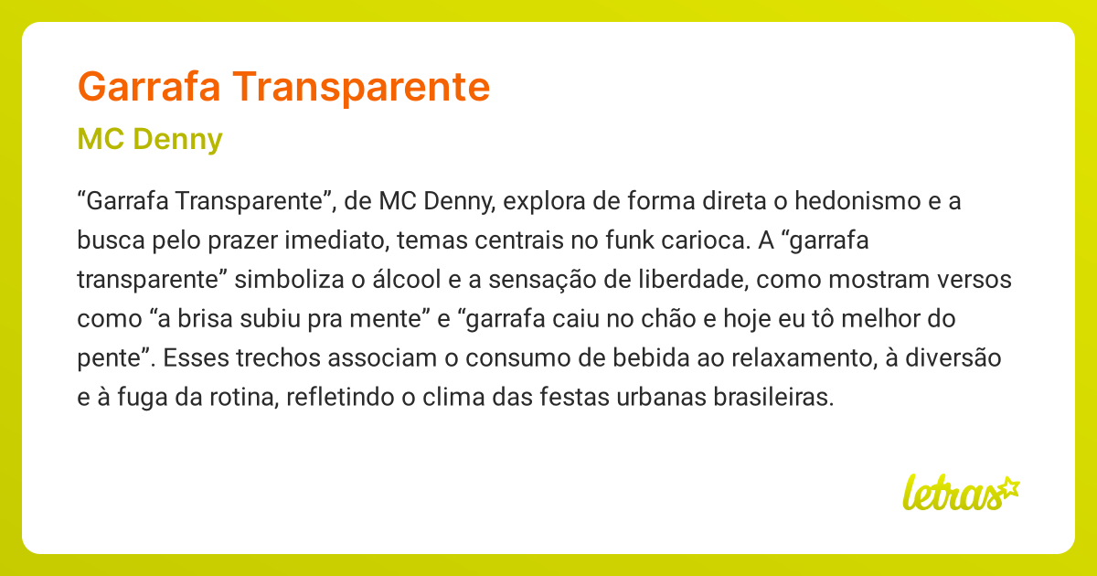 Significado da música GARRAFA TRANSPARENTE (MC Denny) - LETRAS.MUS.BR