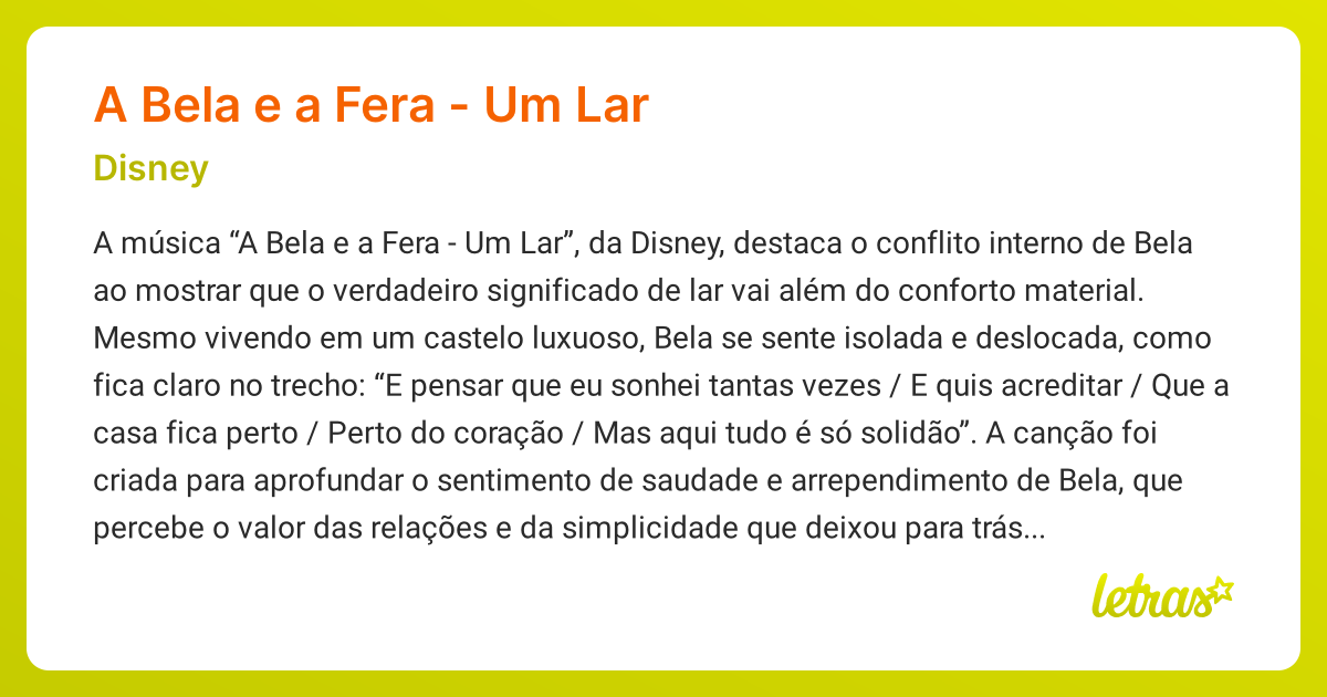 Significado da música A BELA E A FERA - UM LAR (Disney) - LETRAS.MUS.BR