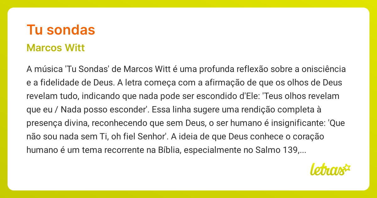 Significado da música TU SONDAS (Marcos Witt) - LETRAS.MUS.BR