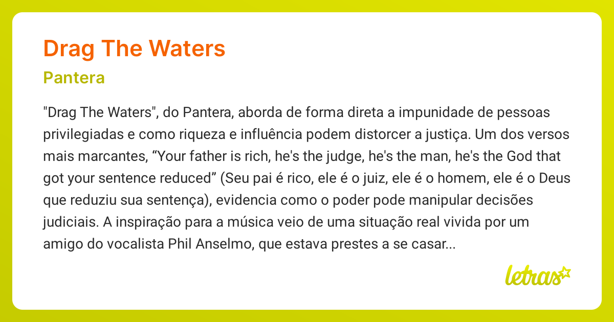 Significado da música DRAG THE WATERS (Pantera) - LETRAS.MUS.BR