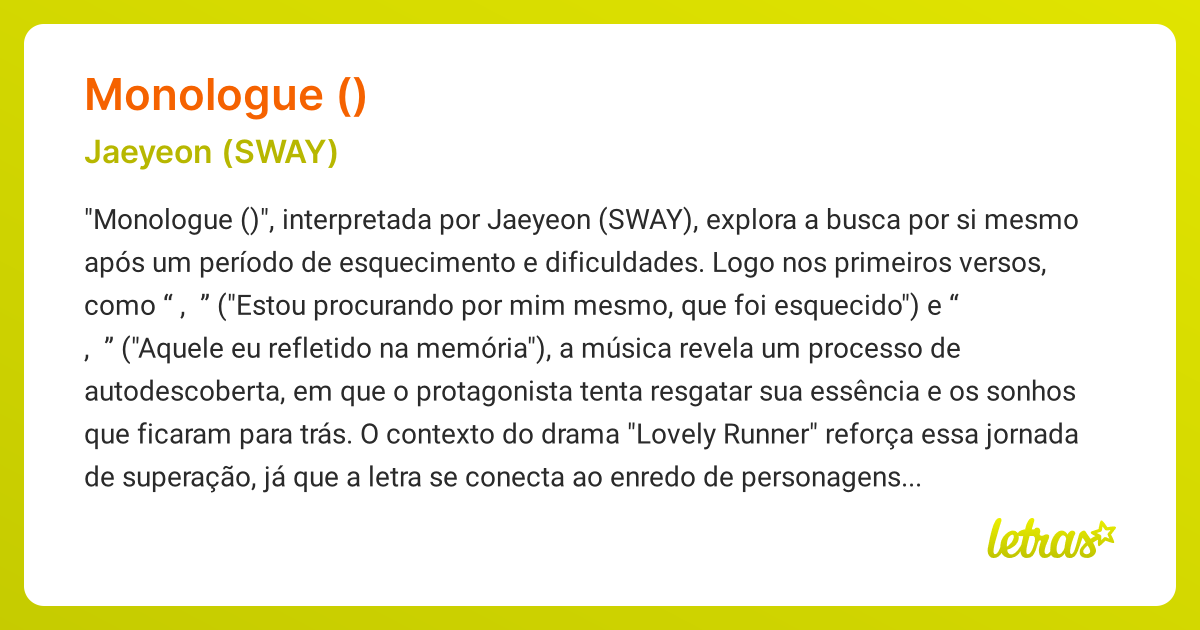 Significado da música MONOLOGUE (독백) (Jaeyeon (SWAY)) - LETRAS.MUS.BR