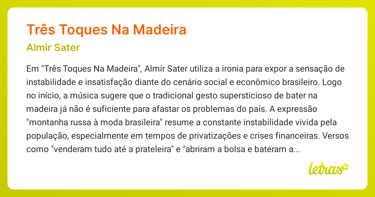 Significado da música TRÊS TOQUES NA MADEIRA (Almir Sater) - LETRAS.MUS.BR