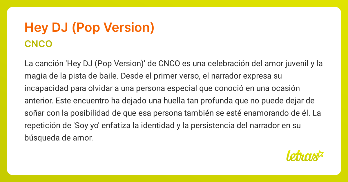 Significado de la canción HEY DJ (POP VERSION) (CNCO) - LETRAS.COM