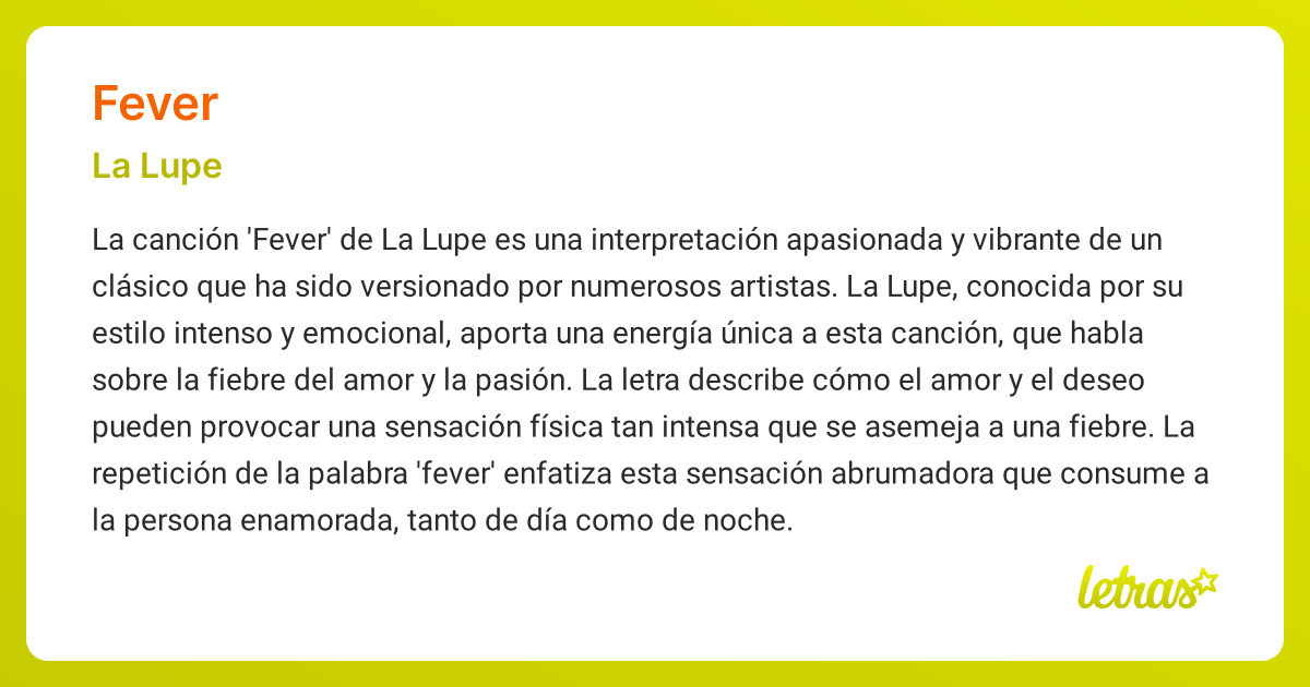 Significado de la canción FEVER (La Lupe) - LETRAS.COM