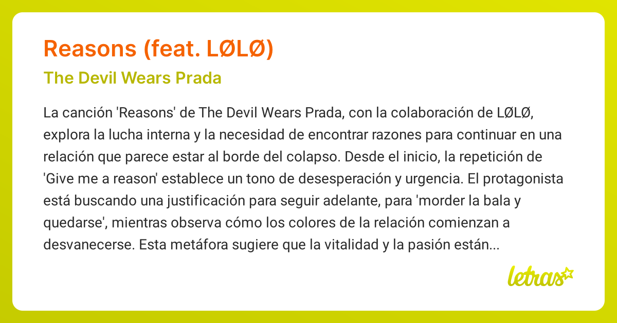 Significado de la canción REASONS (FEAT. LØLØ) (The Devil Wears Prada ...
