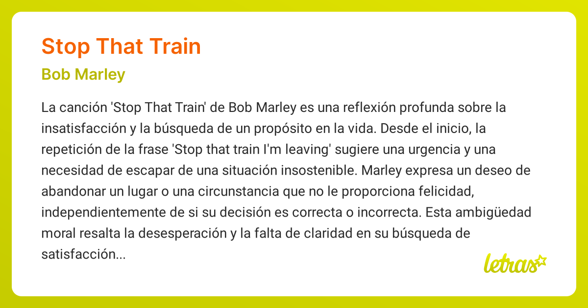 Significado de la canción STOP THAT TRAIN (Bob Marley) - LETRAS.COM