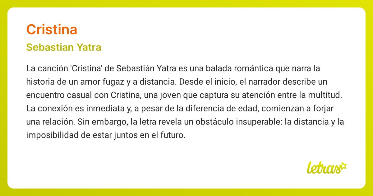 Significado de la canción CRISTINA (Sebastian Yatra) - LETRAS.COM