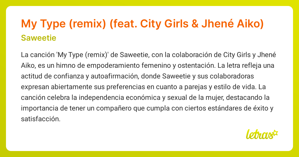 Significado de la canción My Type (remix) (feat. City Girls & Jhené ...