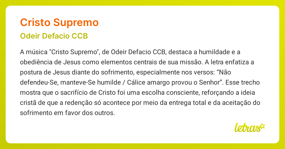 Significado da música CRISTO SUPREMO (Odeir Defacio CCB) - LETRAS.MUS.BR