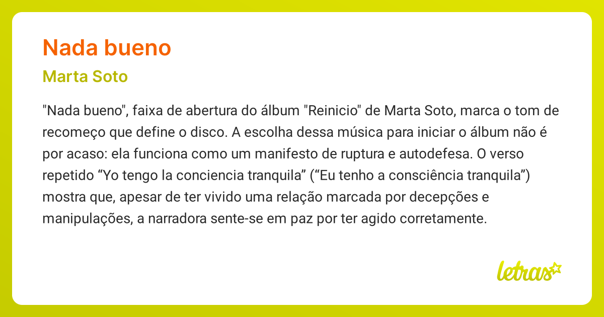 Significado da música NADA BUENO (Marta Soto) - LETRAS.MUS.BR