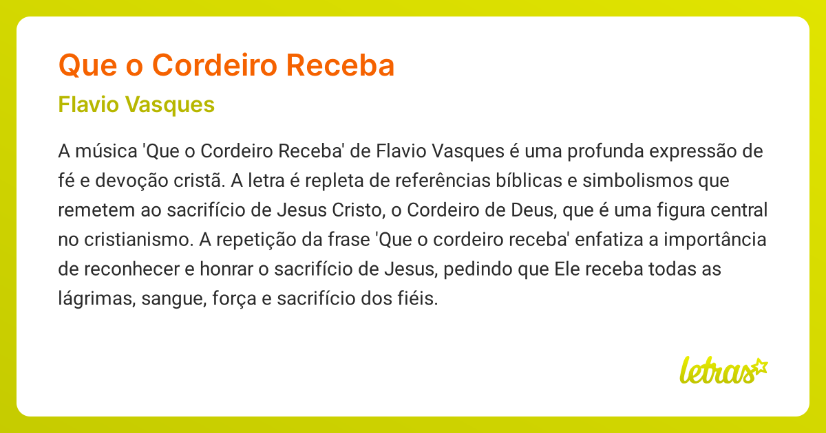 Significado da música QUE O CORDEIRO RECEBA (Flavio Vasques) - LETRAS ...