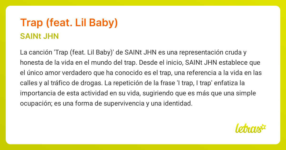 Significado de la canción TRAP (FEAT. LIL BABY) (SAINt JHN) - LETRAS.COM
