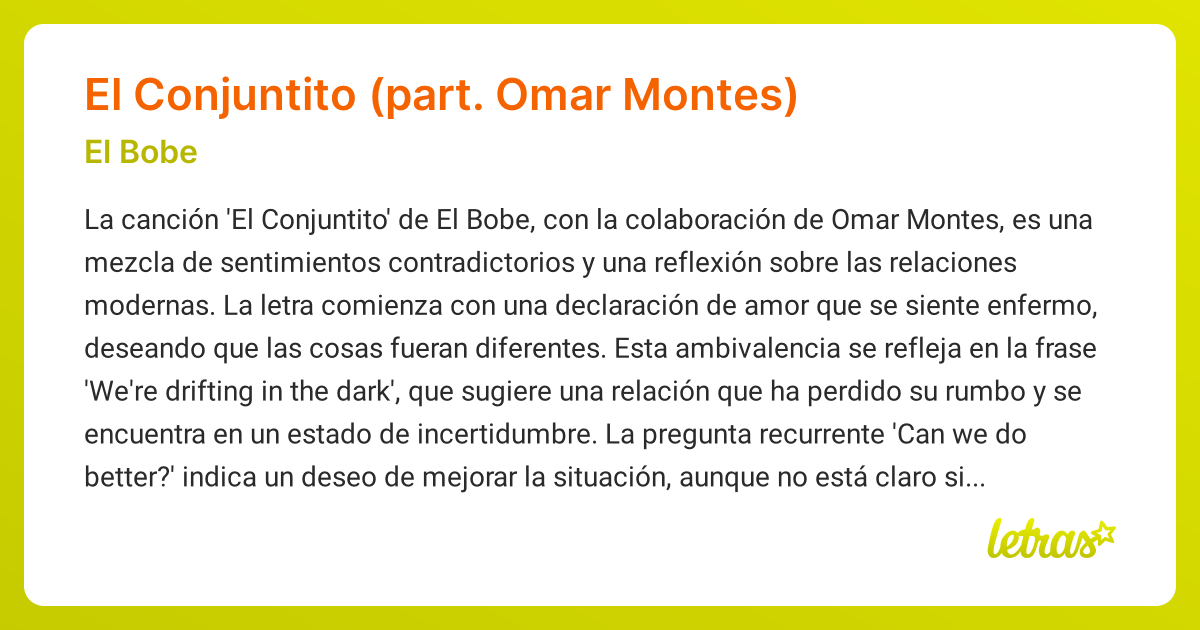 Significado de la canción El Conjuntito (part. Omar Montes) (El Bobe ...