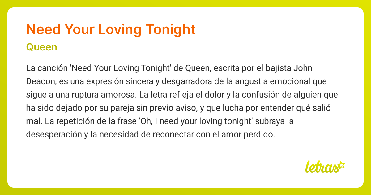 Significado de la canción NEED YOUR LOVING TONIGHT (Queen) - LETRAS.COM