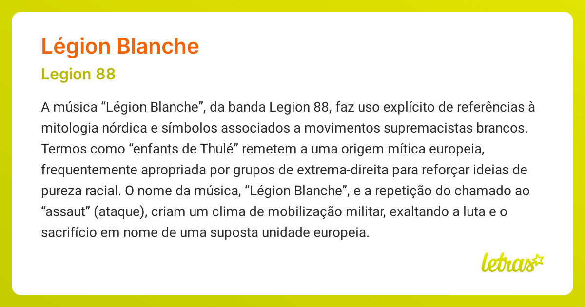 Significado da música LÉGION BLANCHE (Legion 88) - LETRAS.MUS.BR