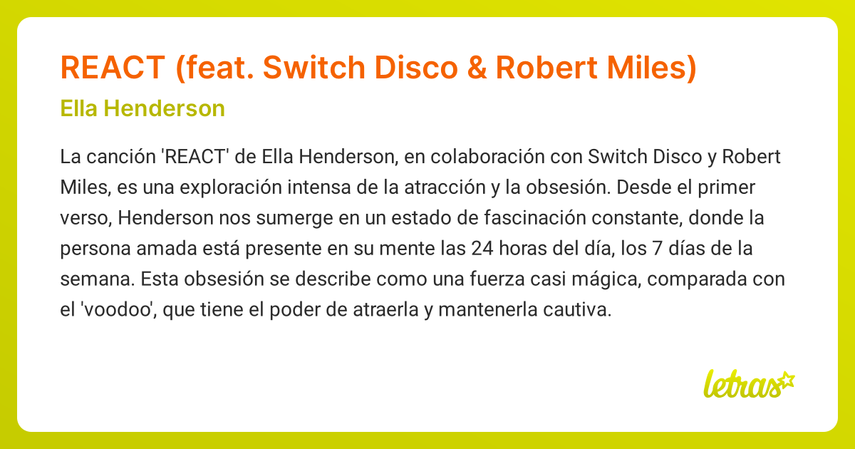 Significado de la canción REACT (feat. Switch Disco & Robert Miles) (Ella Henderson) - LETRAS.COM