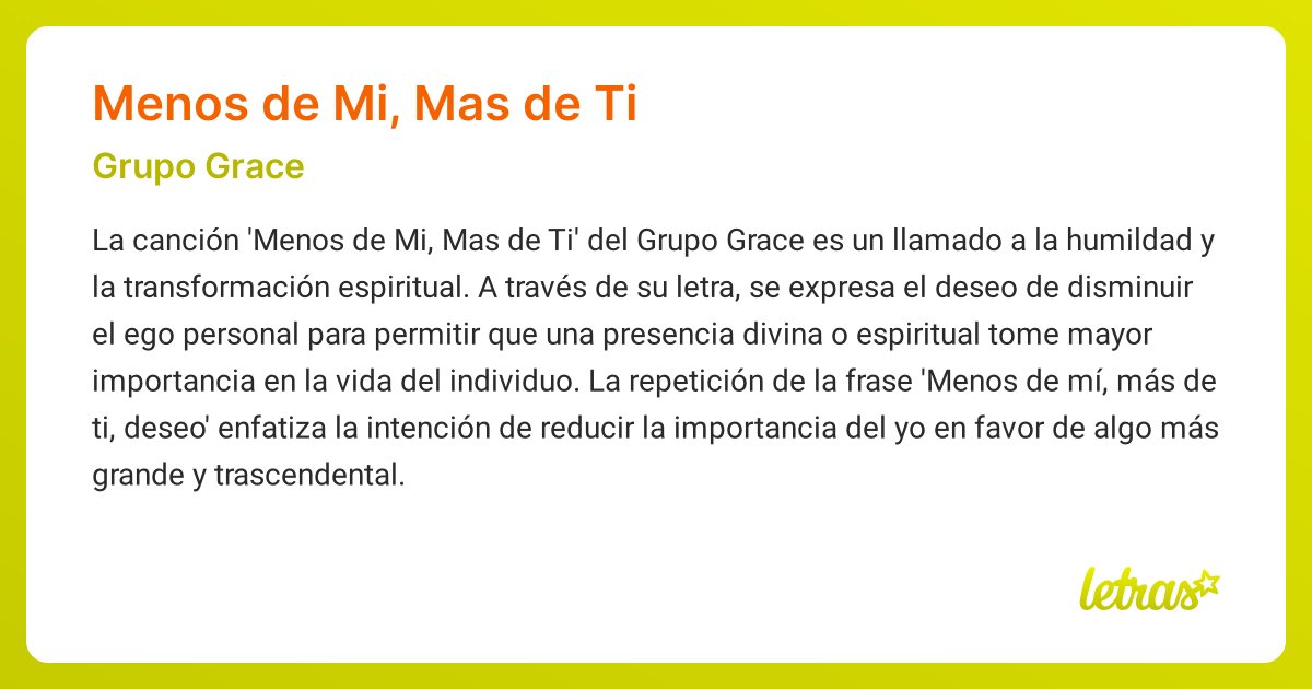 Significado de la canción MENOS DE MI, MAS DE TI (Grupo Grace) - LETRAS.COM