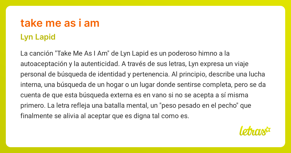 Significado de la canción TAKE ME AS I AM (Lyn Lapid) - LETRAS.COM