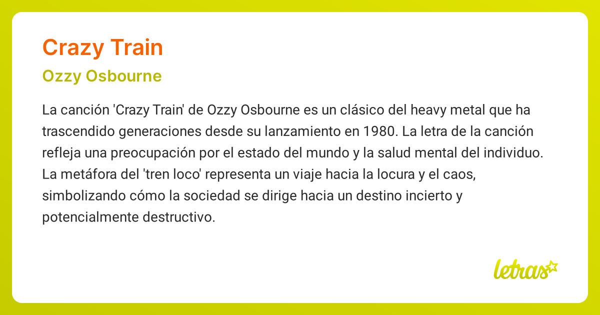 Significado de la canción CRAZY TRAIN (Ozzy Osbourne) - LETRAS.COM