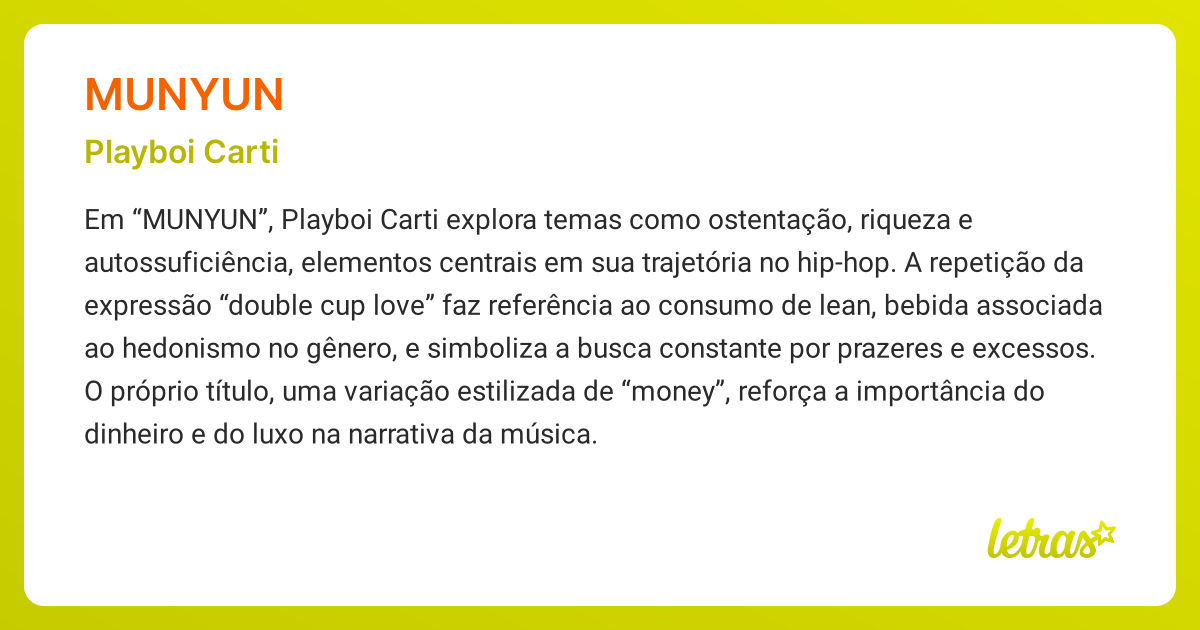 Significado da música MUNYUN (Playboi Carti) - LETRAS.MUS.BR