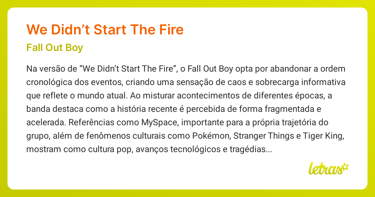 Significado da música WE DIDN’T START THE FIRE (Fall Out Boy) - LETRAS ...
