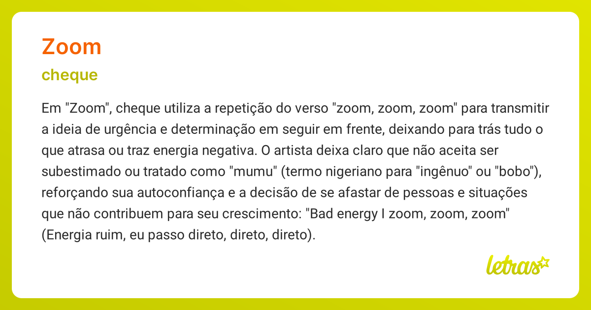 Significado da música ZOOM (cheque) - LETRAS.MUS.BR