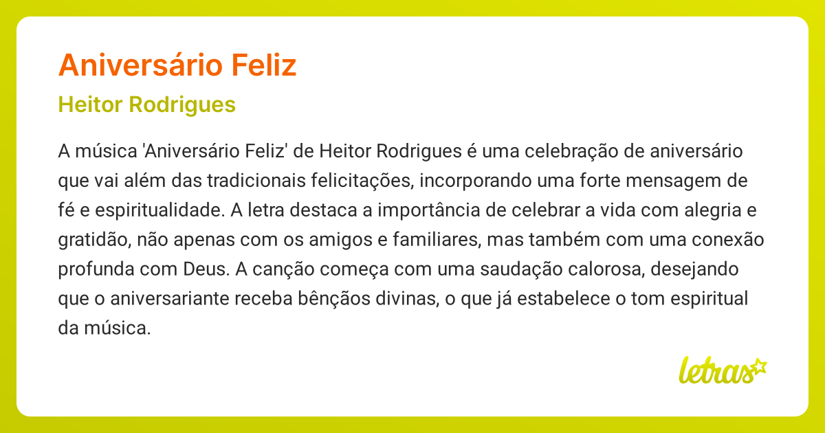 Significado da música ANIVERSÁRIO FELIZ (Heitor Rodrigues) - LETRAS.MUS.BR