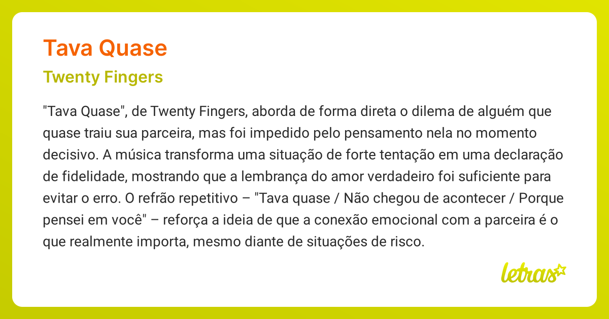 Significado da música TAVA QUASE (Twenty Fingers) - LETRAS.MUS.BR