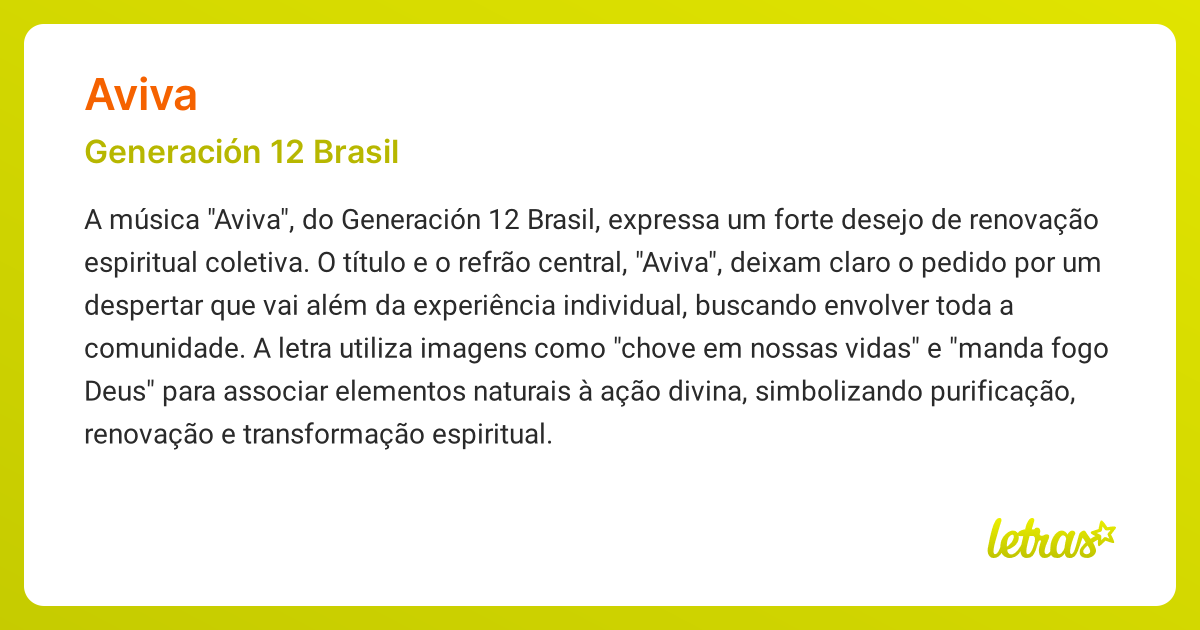 Significado da música AVIVA (Generación 12 Brasil) - LETRAS.MUS.BR
