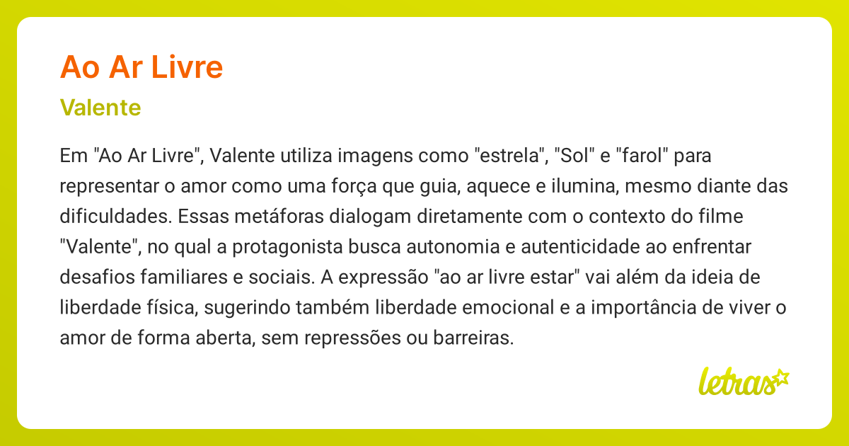 Significado da música AO AR LIVRE (Valente) - LETRAS.MUS.BR