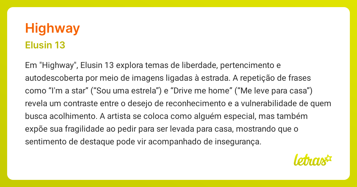 Significado da música HIGHWAY (Elusin 13) - LETRAS.MUS.BR