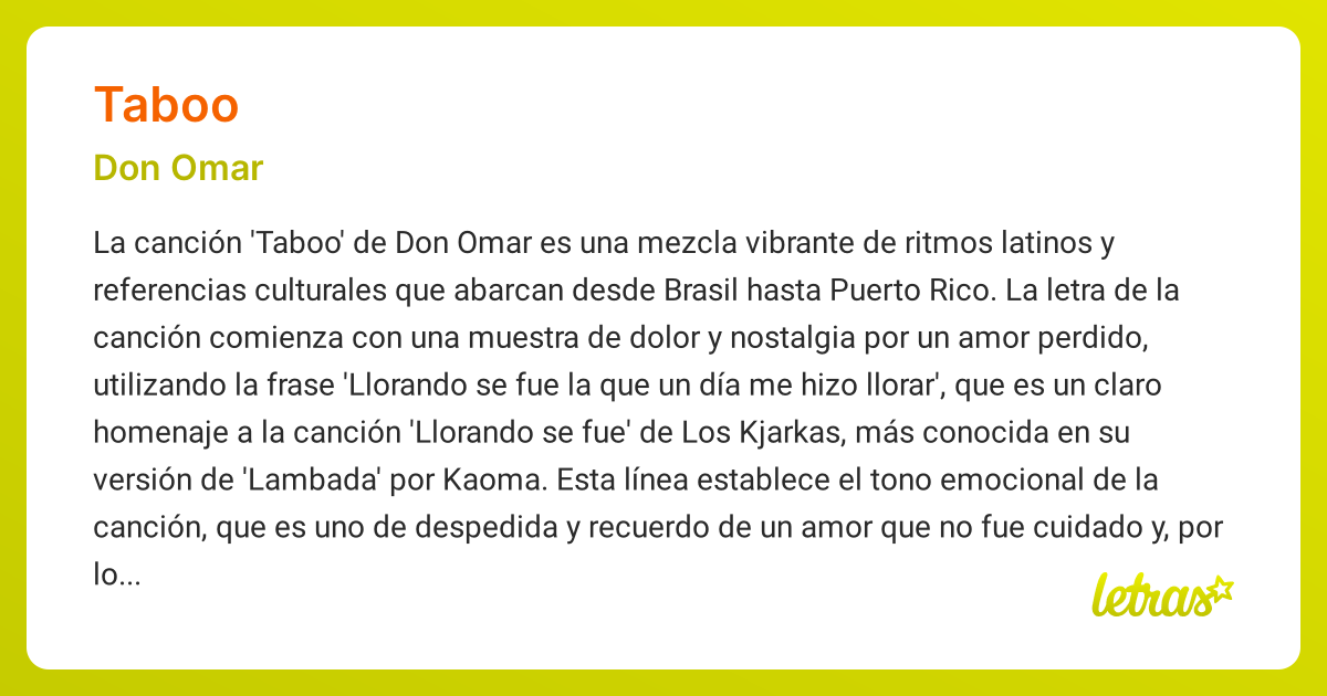 Significado de la canción TABOO (Don Omar) - LETRAS.COM