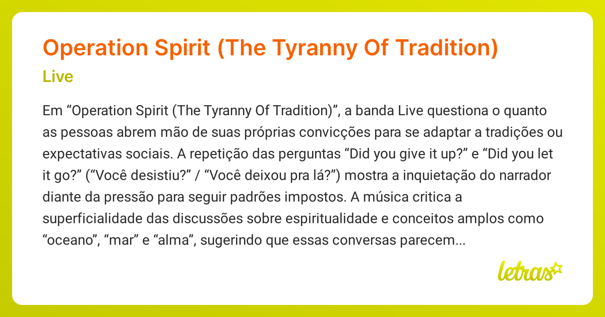 Significado da música Operation Spirit (The Tyranny Of Tradition) (Live ...