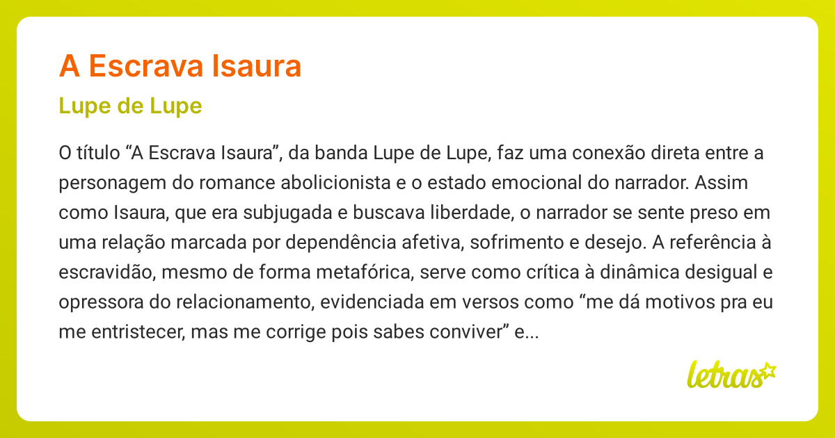 Significado da música A ESCRAVA ISAURA (Lupe de Lupe) - LETRAS.MUS.BR