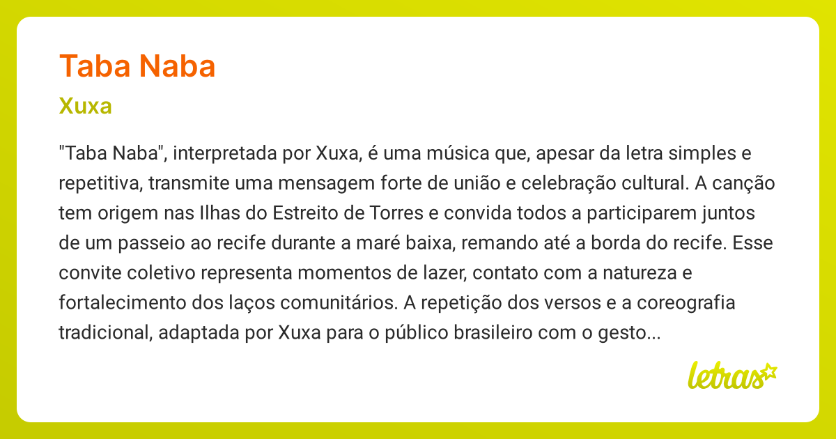 Significado da música TABA NABA (Xuxa) - LETRAS.MUS.BR