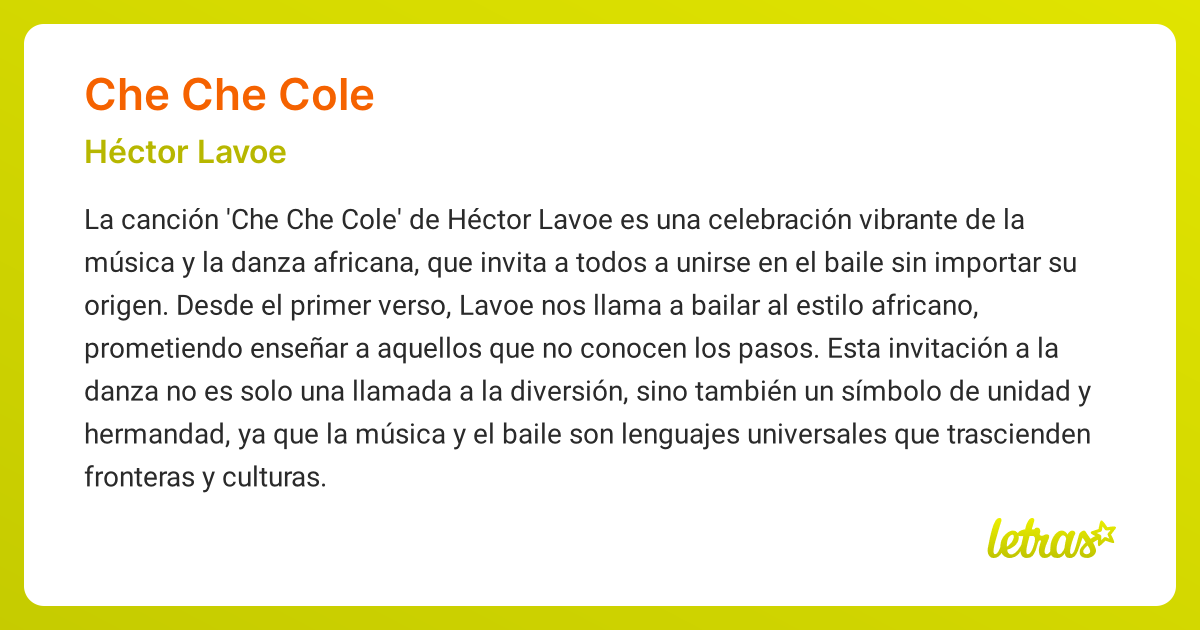 Significado de la canción CHE CHE COLE (Héctor Lavoe) - LETRAS.COM