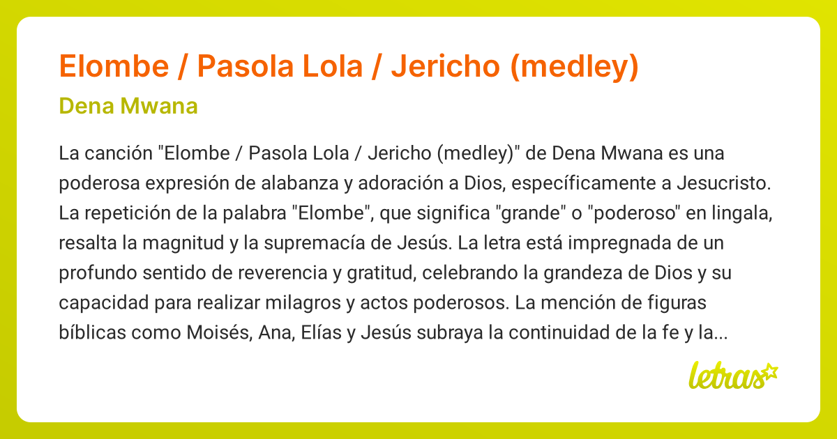 Significado de la canción Elombe / Pasola Lola / Jericho (medley) (Dena ...