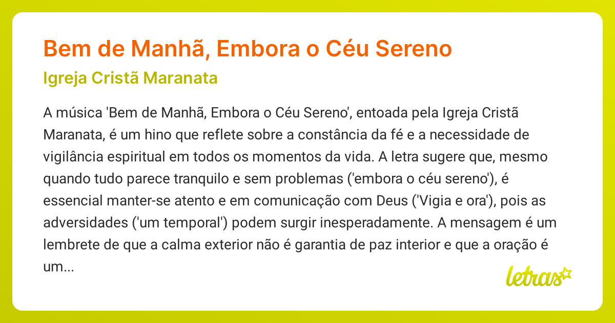 Significado da música Bem de Manhã, Embora o Céu Sereno (Igreja Cristã ...