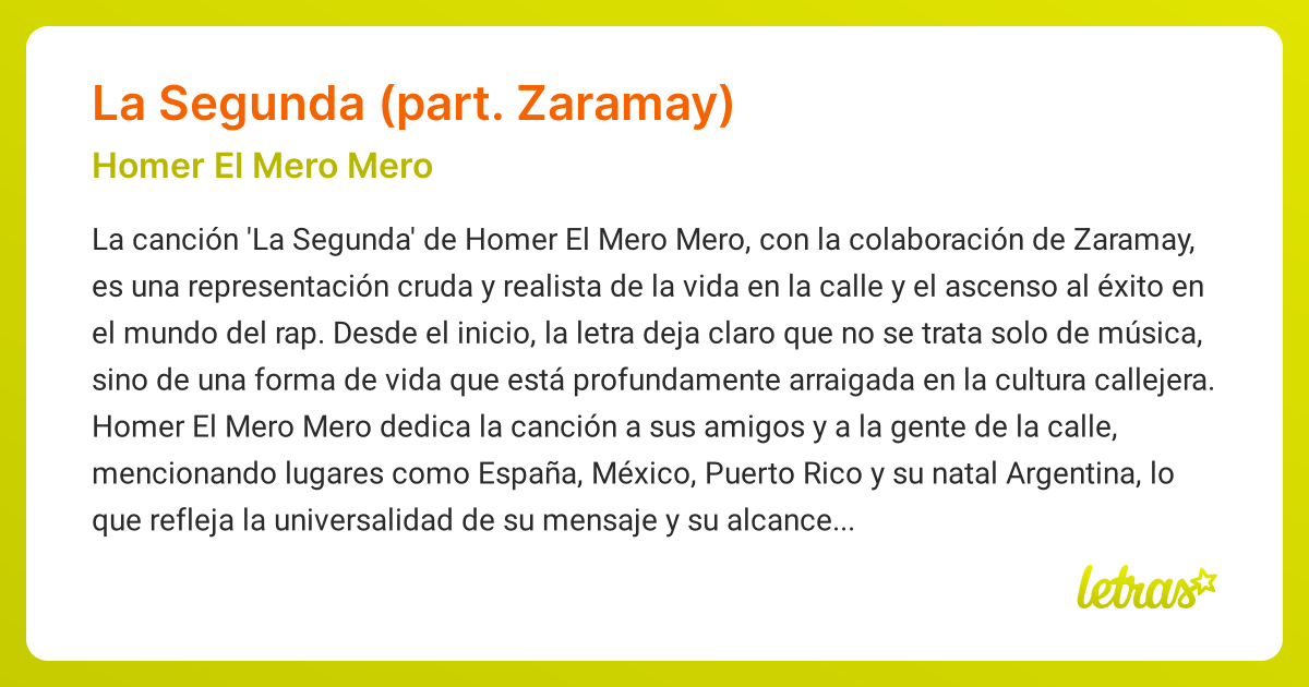 Significado de la canción LA SEGUNDA (PART. ZARAMAY) (Homer El Mero ...
