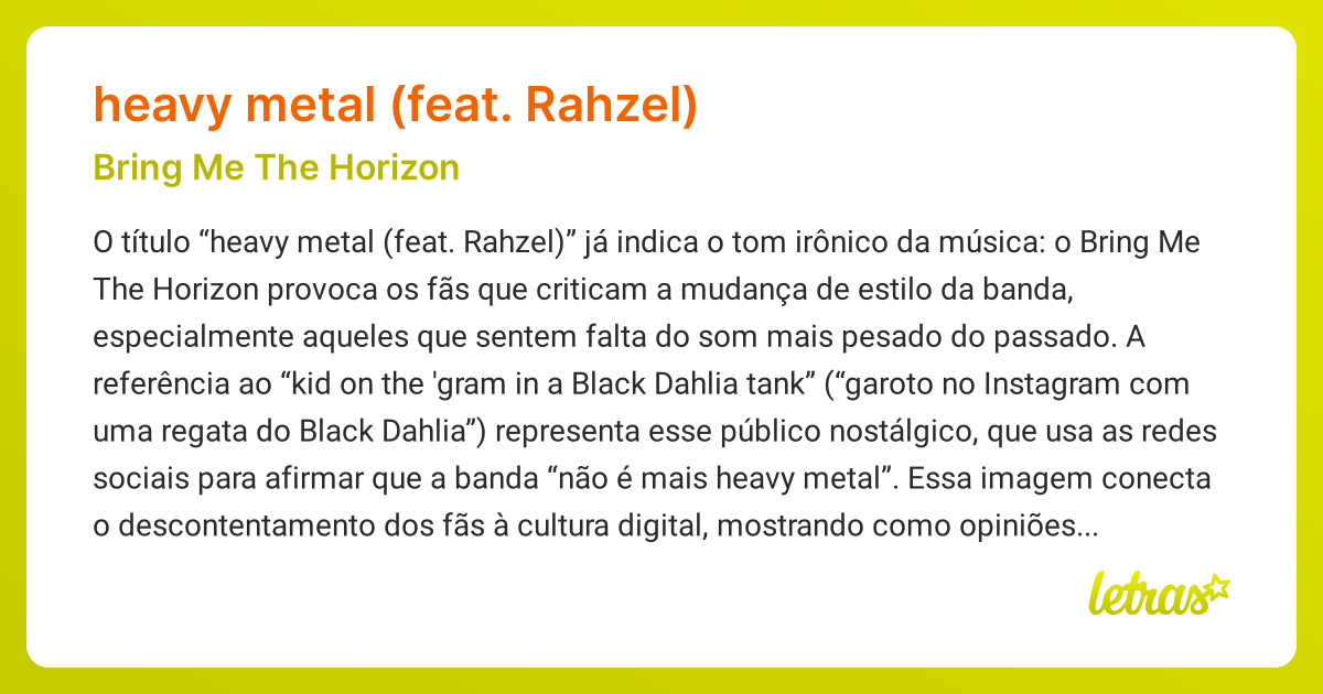 Significado da música HEAVY METAL (FEAT. RAHZEL) (Bring Me The Horizon ...