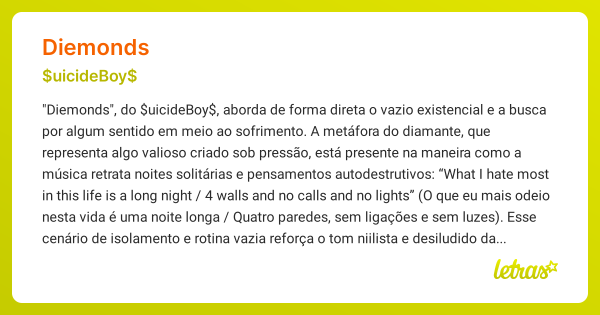 Significado da música DIEMONDS ($uicideBoy$) - LETRAS.MUS.BR