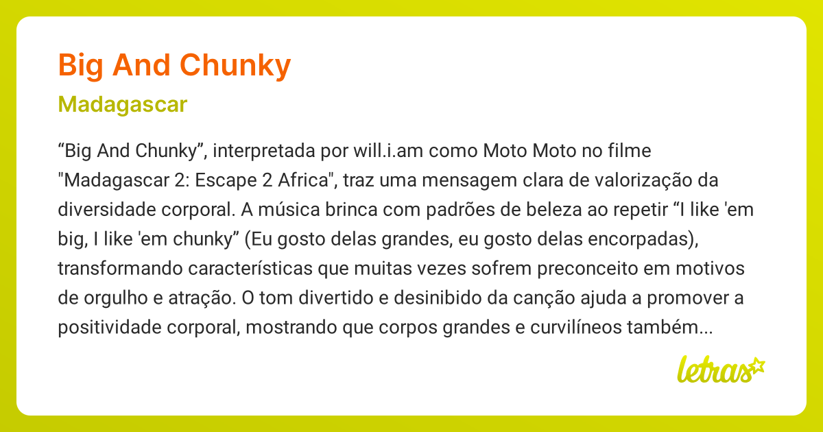 Significado da música BIG AND CHUNKY (Madagascar) - LETRAS.MUS.BR