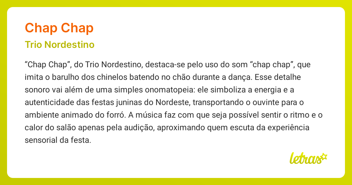 Significado da música CHAP CHAP (Trio Nordestino) - LETRAS.MUS.BR